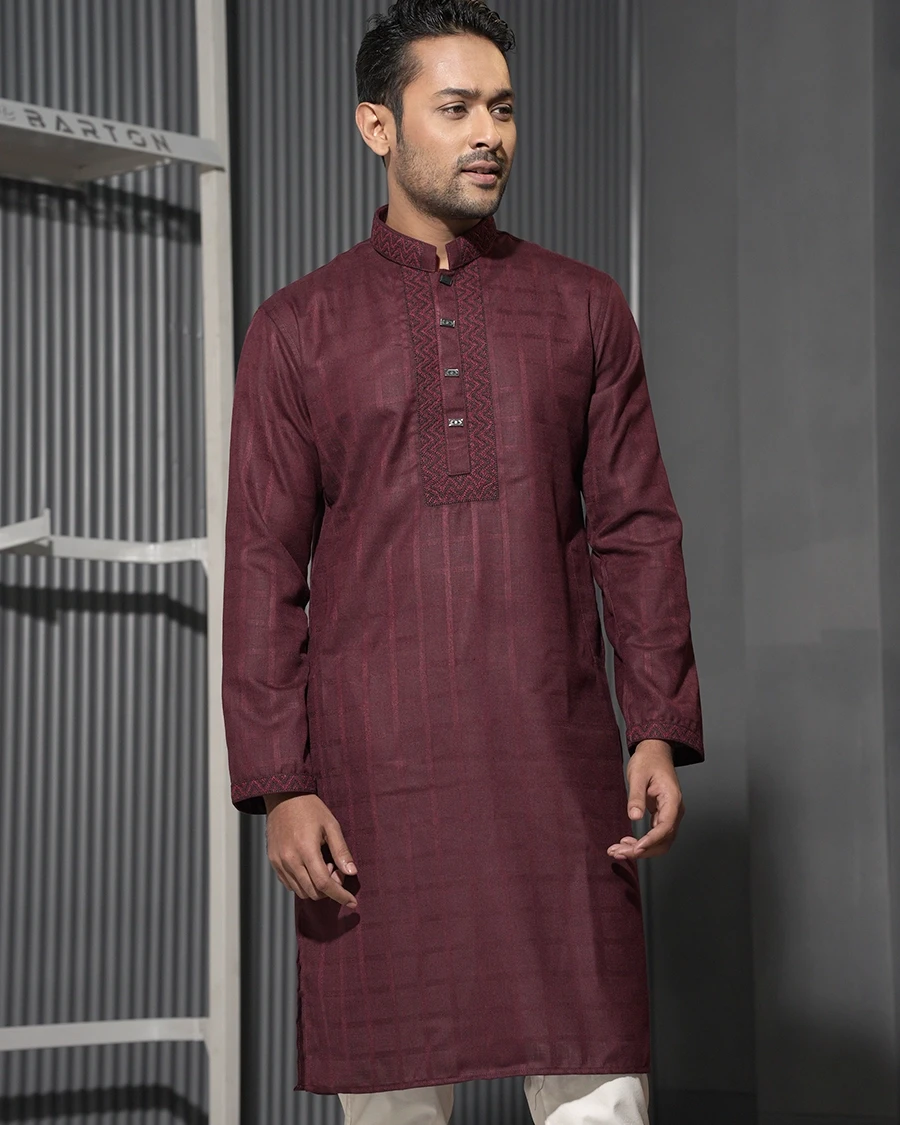 Men's Maroon Embroidered Cotton Panjabi – Stylish & Traditional